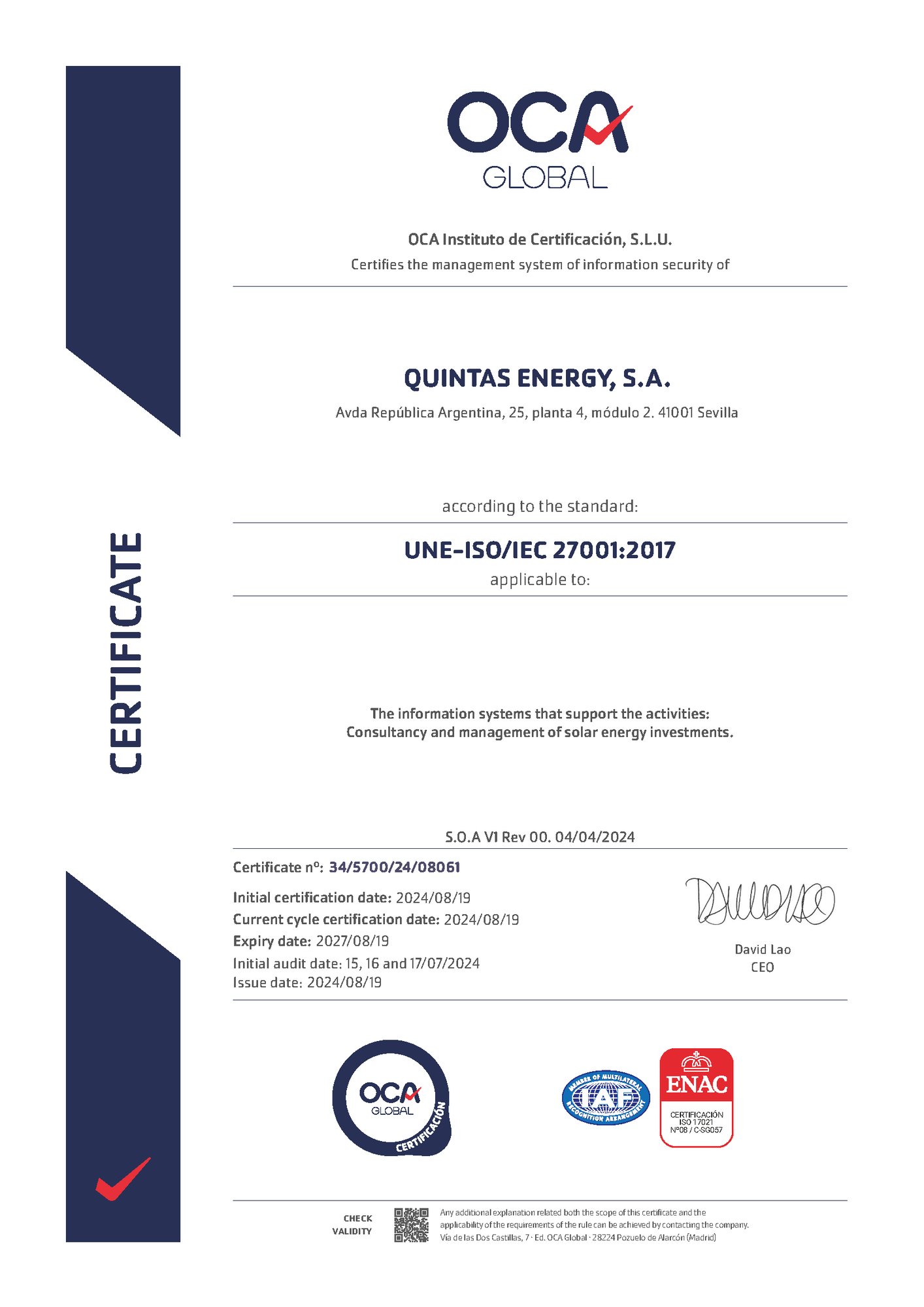 Quintas Energy Achieves ISO 27001 Certification for Data Security